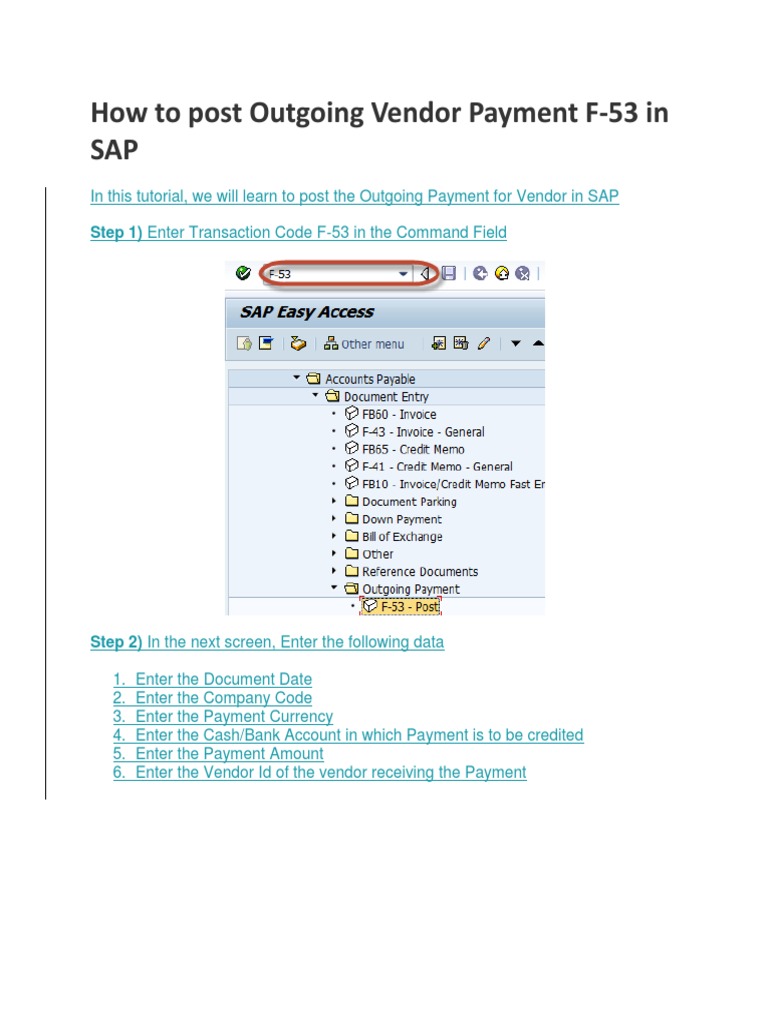 Post Outgoing Vendor Payment in SAP F-53 | PDF