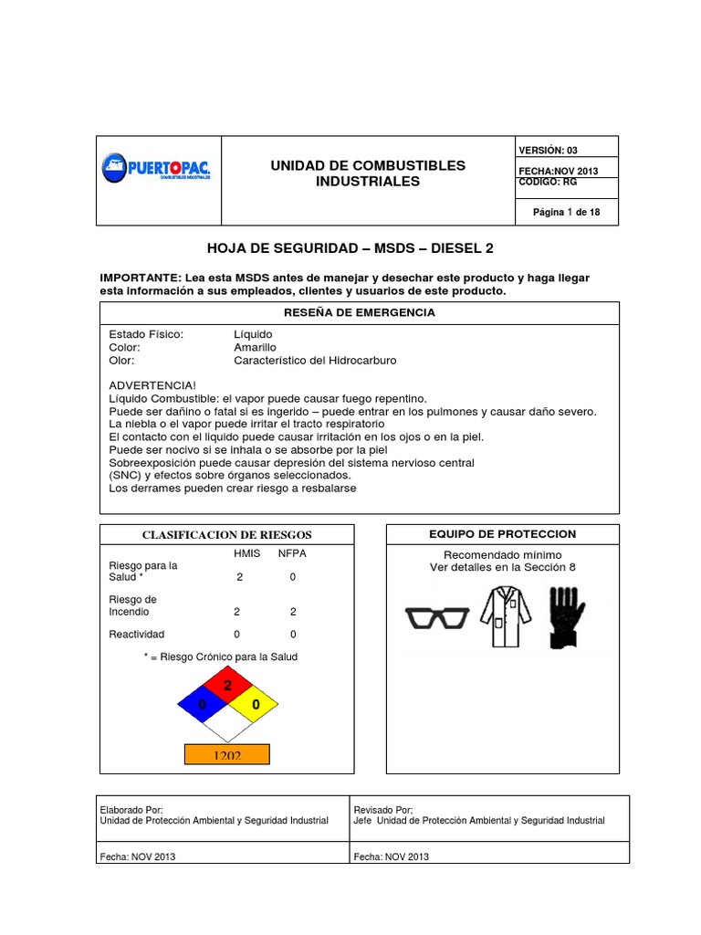 MSDS Diesel 2 PUERTOPAC MODIFICADO PDF | PDF | Oxígeno | Agua