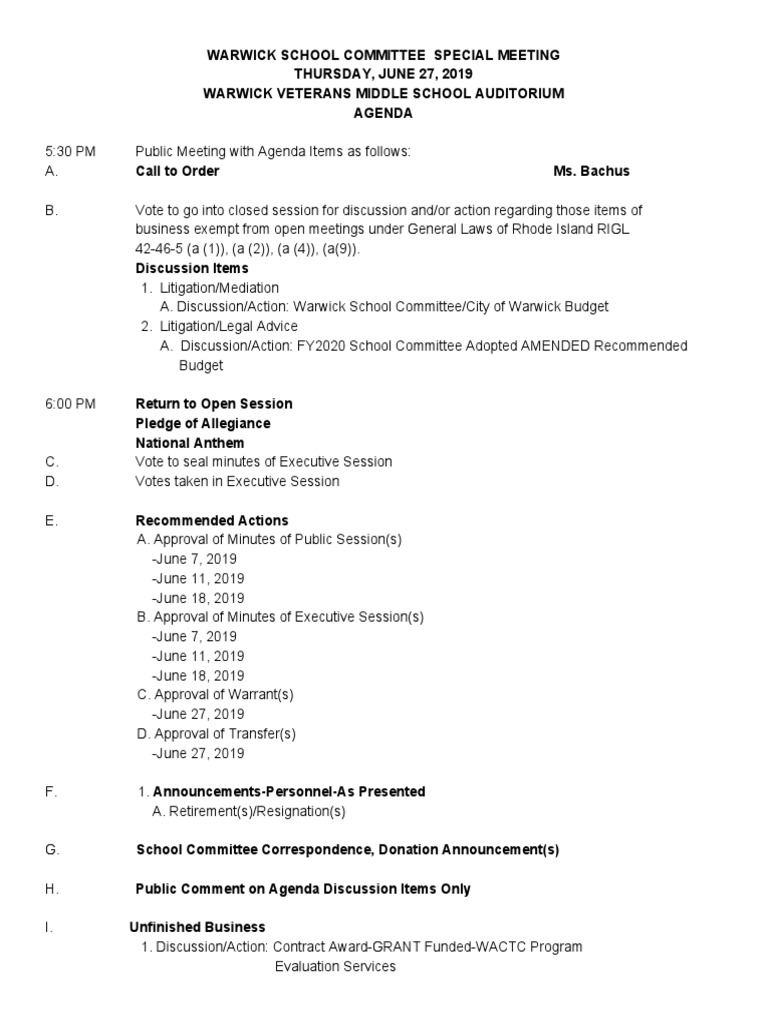 Warwick School Committee Agenda | PDF | Social Institutions | Social ...
