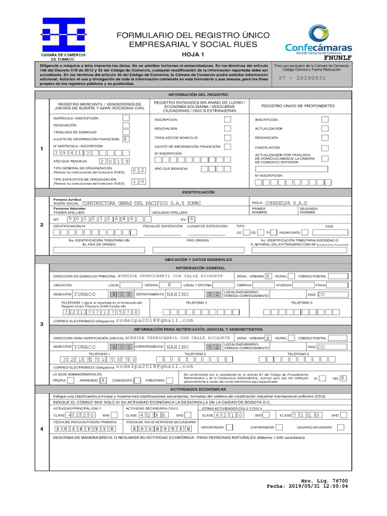 Formulario Inscripcion Rup - Constructora Obras Del Pacifico Sas Zomac ...