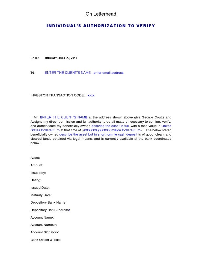 On Letterhead: Individual'S Authorization To Verify | PDF