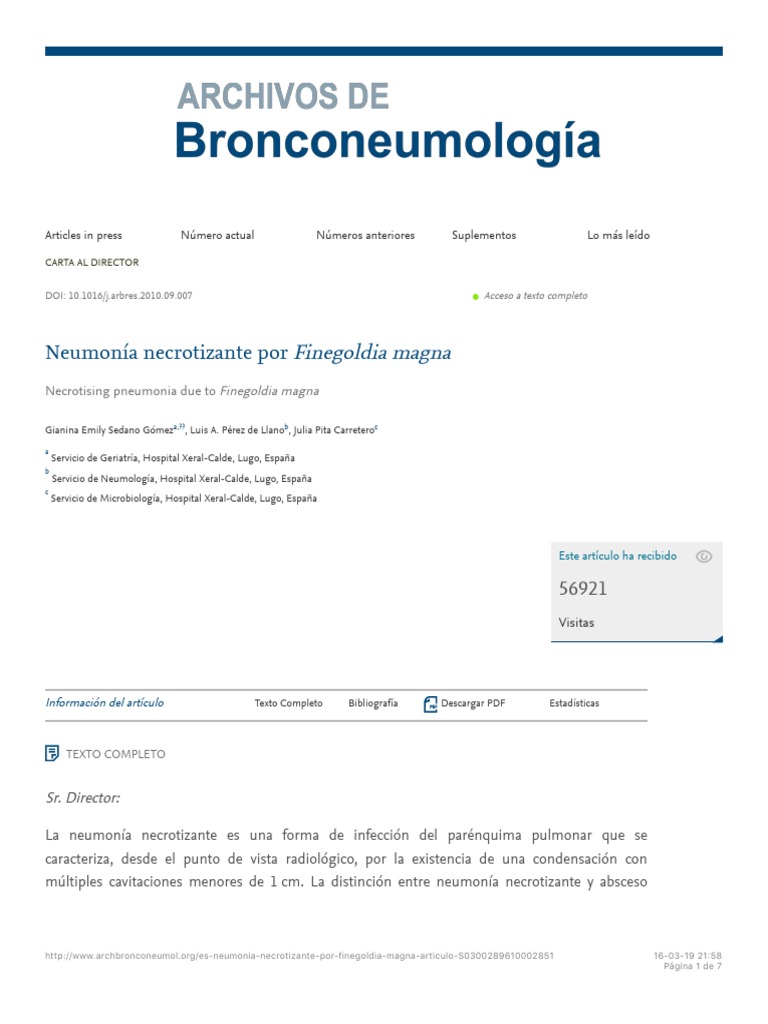 Neumonía Necrotizante Por Finegoldia Magna. Archivos de ...