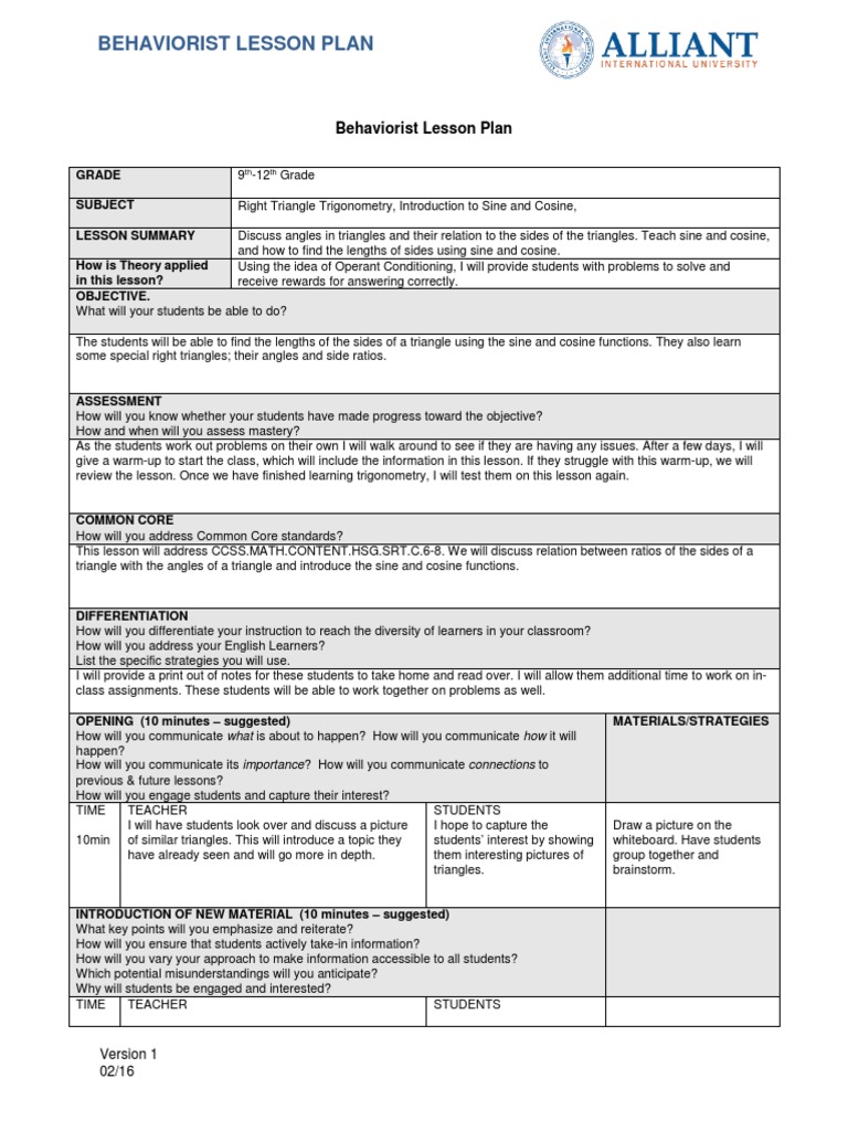 Right Triangle Lesson Plan | PDF | Trigonometric Functions | Lesson Plan
