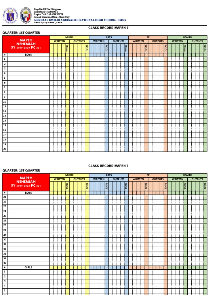MAPEH 9 Class Record - 1st Quarter | PDF | Philippines