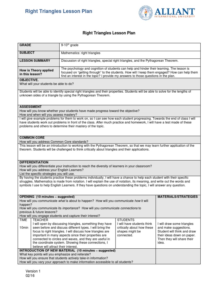 Right Triangles Lesson Plan | PDF | Lesson Plan | Critical Thinking