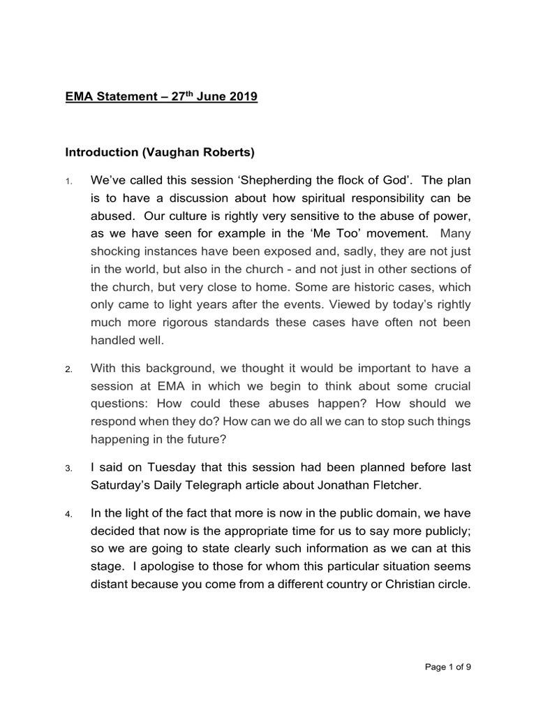 EMA Statement On Jonathan Fletcher | PDF | Church Of England | Risk