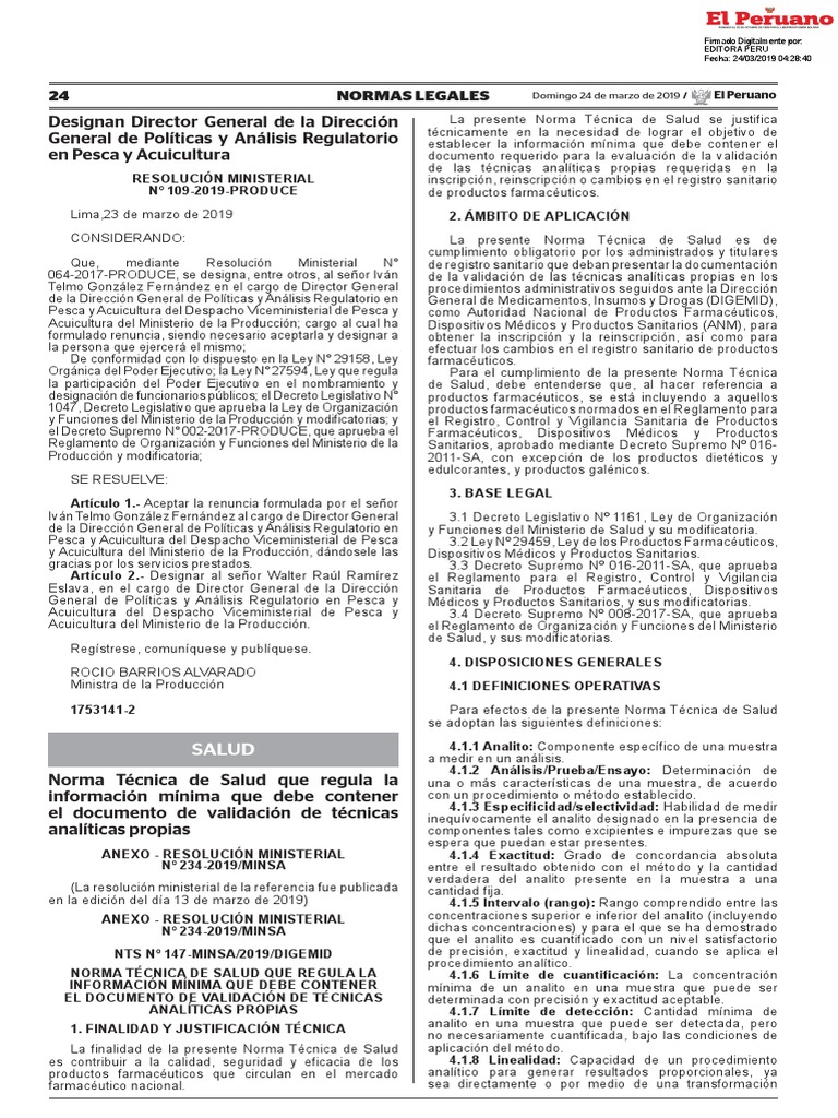 Resolucion Ministerial 234-2019 -MINSA Peru - Norma Tecnica Salud NTS 147-MINSA 2019 DIGEMID ...