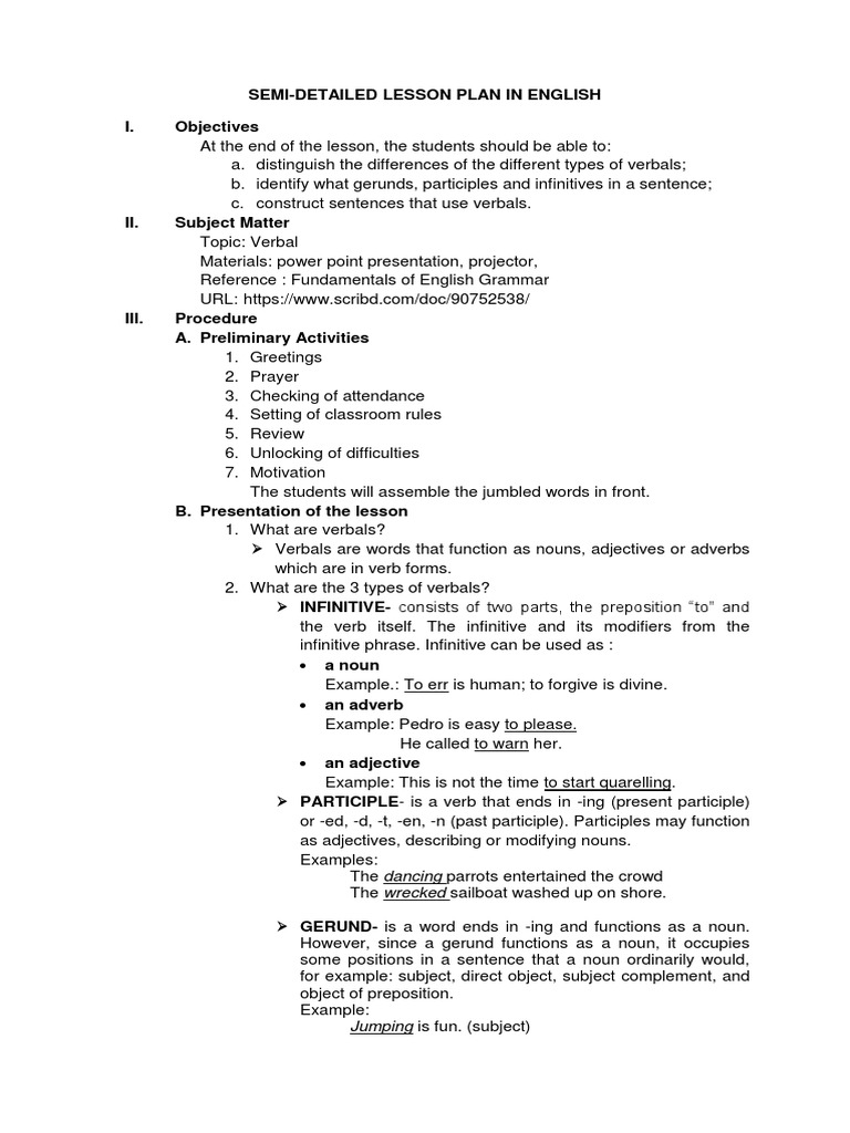 Verbals Lesson Plan | PDF | Verb | Adjective