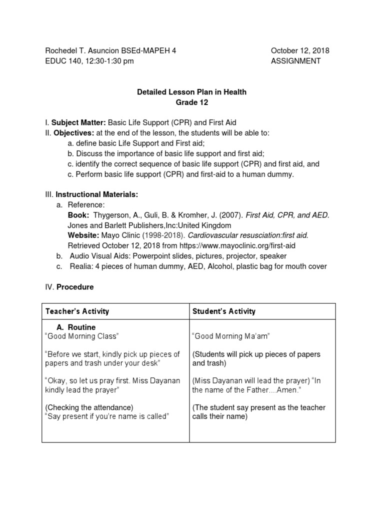 Detailed Lesson Plan in Health Final | PDF | Cardiopulmonary ...
