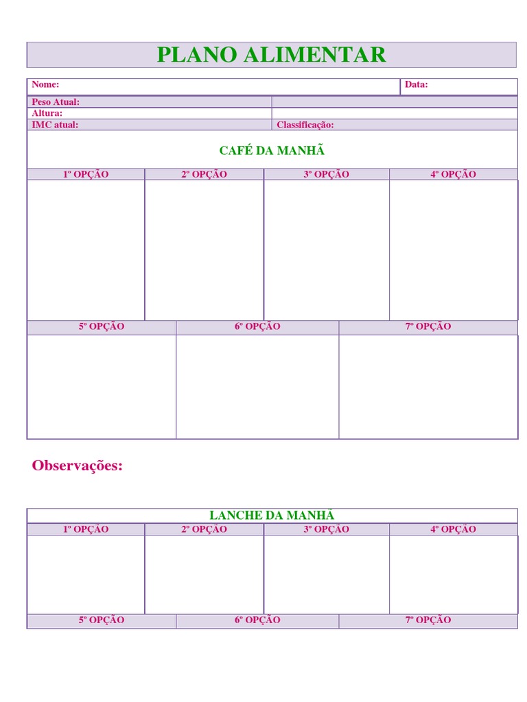 Modelo de Plano Alimentar Opcional - Vertical | PDF