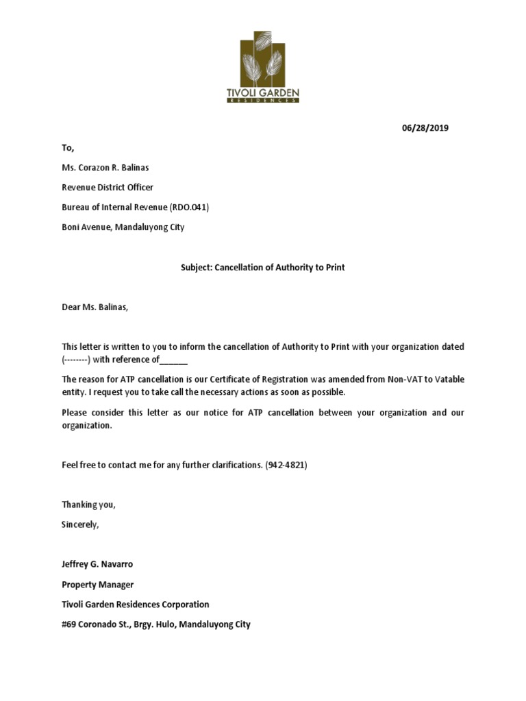 Letter of Cancellation-Atp | PDF