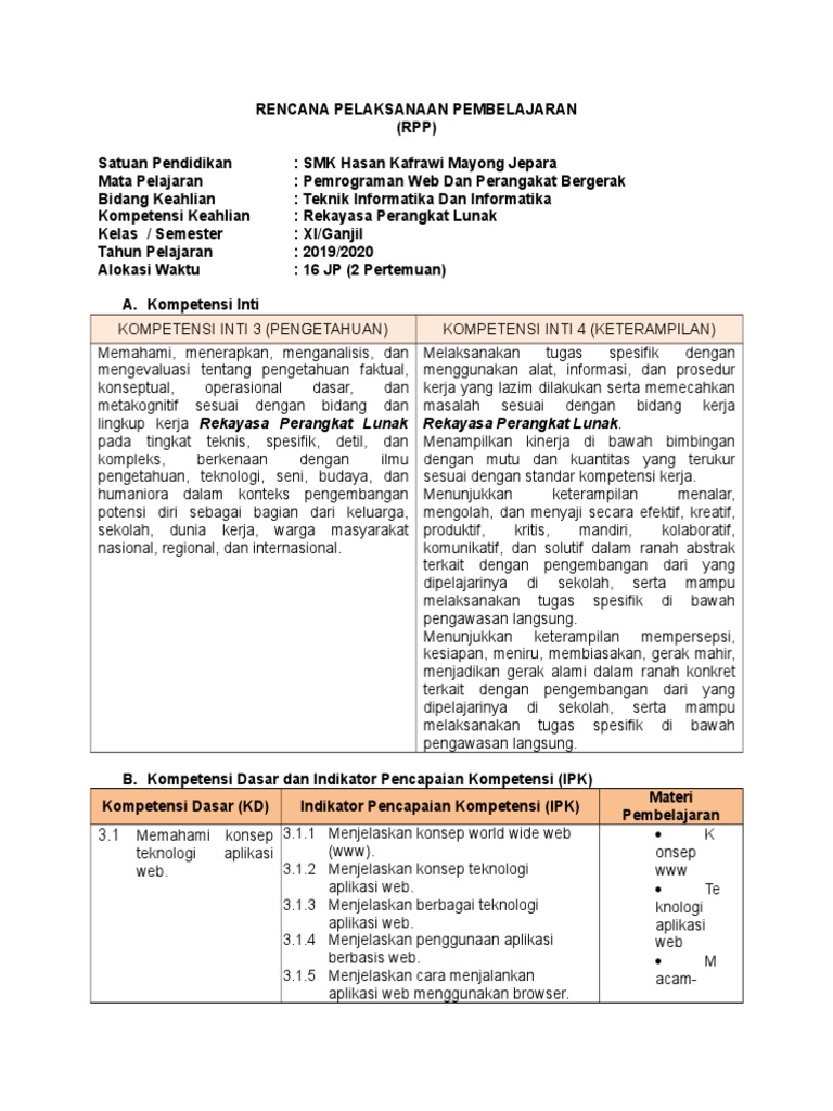 RPP Pemrograman Web SMK 2019/2020 | PDF