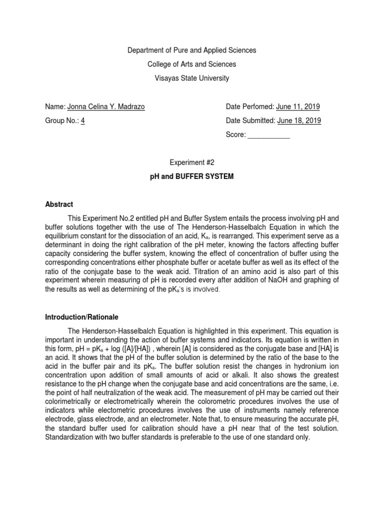 Expt 2 PH and Buffer System | PDF | Buffer Solution | Acid Dissociation Constant