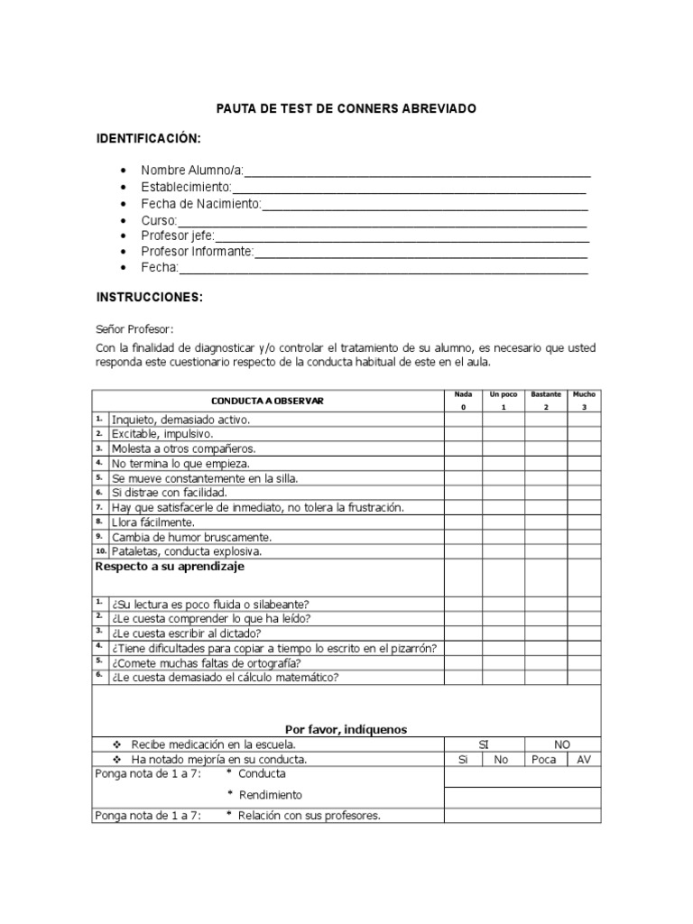 Test Conners abreviado 40 | PDF | Aprendizaje | Modificación de ...