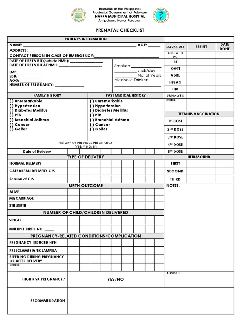 Prenatal Checklist | PDF | Pregnancy | Childbirth
