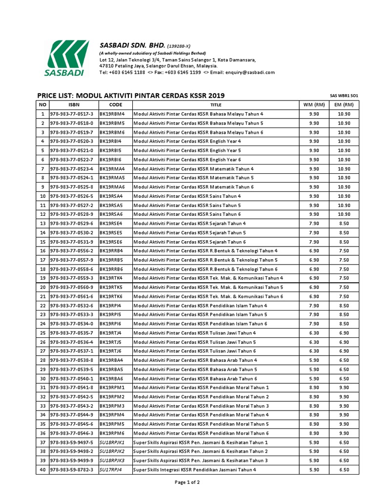 Senarai Harga Buku SASBADI 2019 | PDF