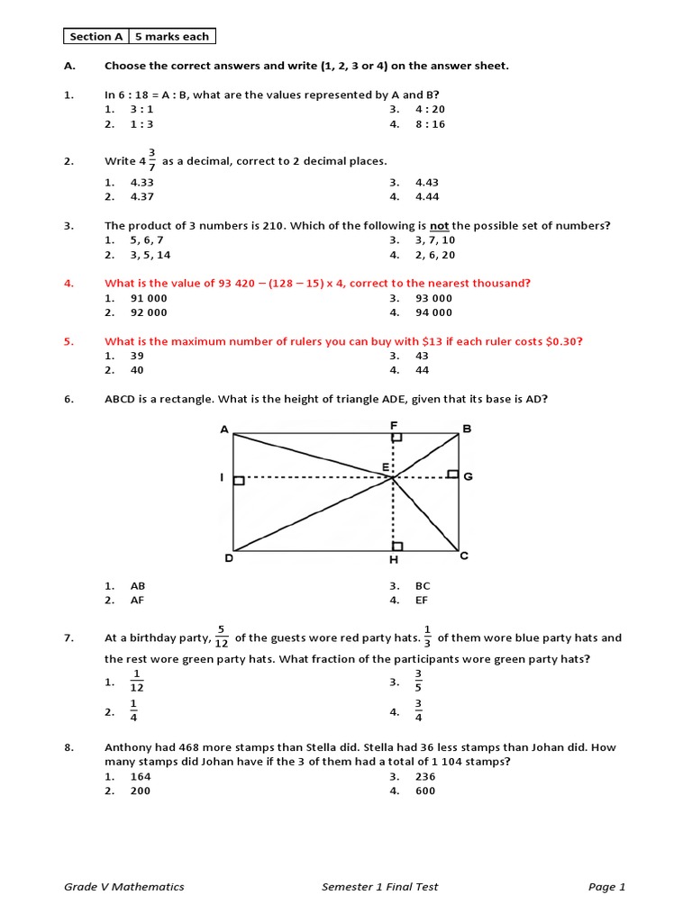 Final Test 1 Grade 5 | PDF | Area | Fraction (Mathematics)