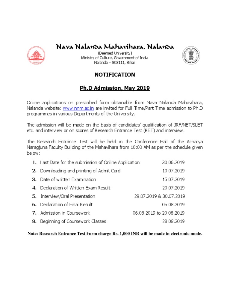 PH.D Notification 2019 | PDF | Doctor Of Philosophy | University And College Admission