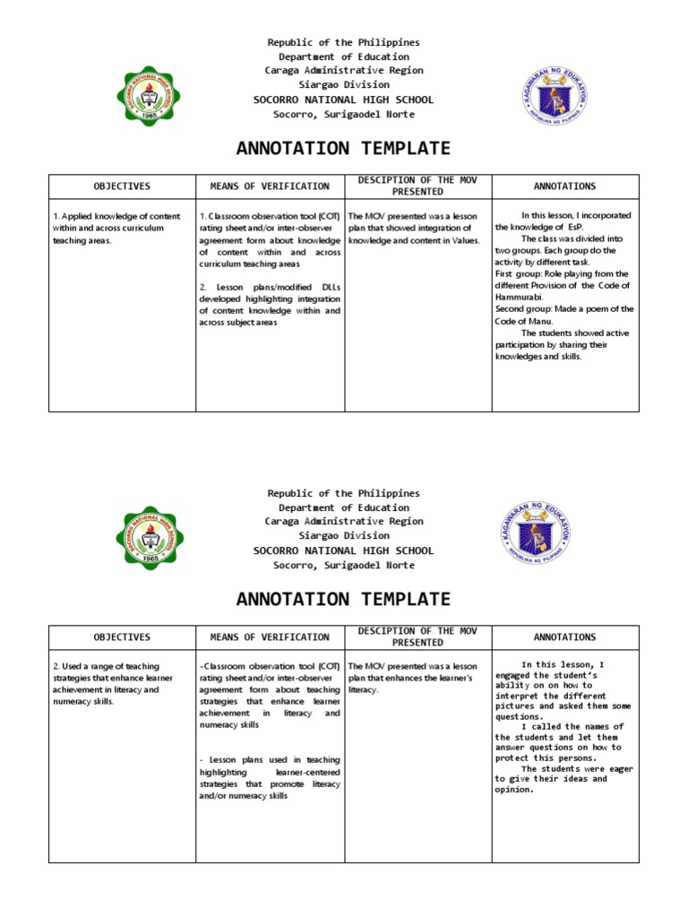 Annotation Template: Socorro National High School | PDF | Lesson Plan ...