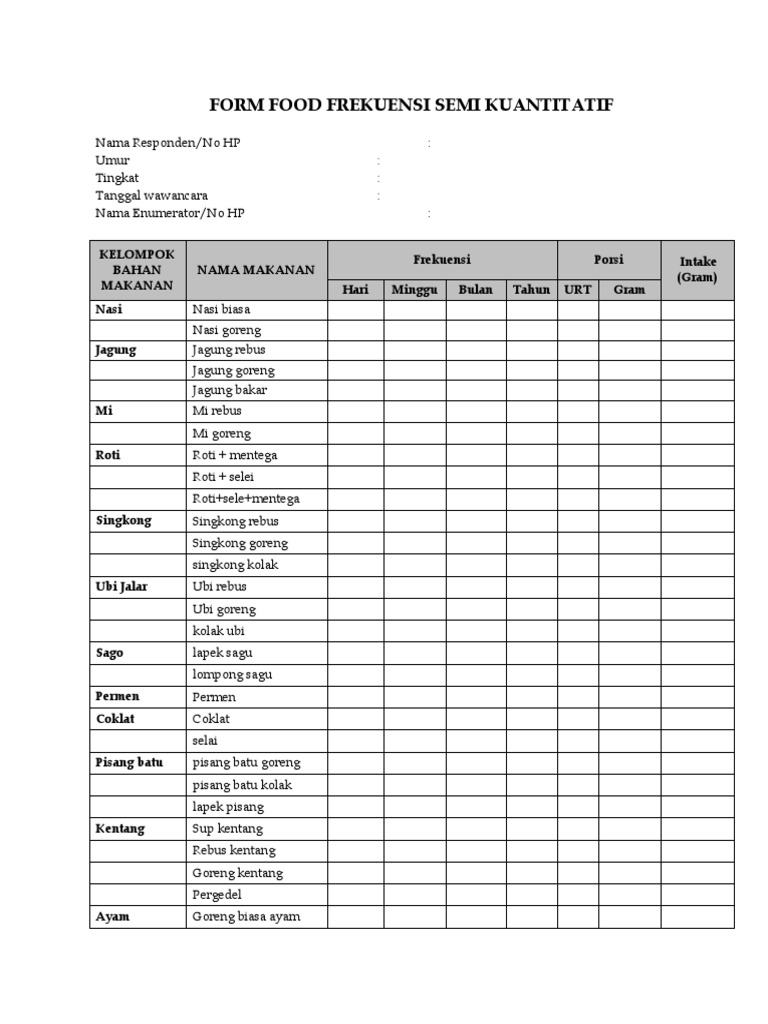 Form Food Frekuensi Semi Kuantitatif | PDF