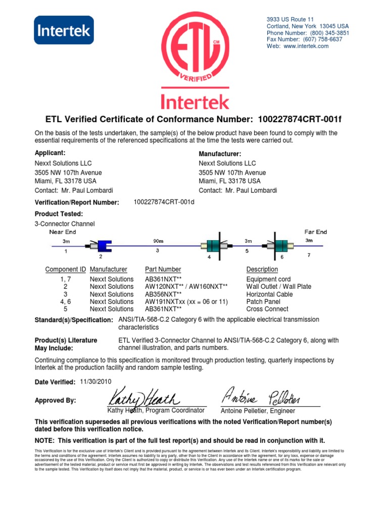 Nexxt Solutions Etl Verified Certificate For Cat6 3 Connector Channel ...