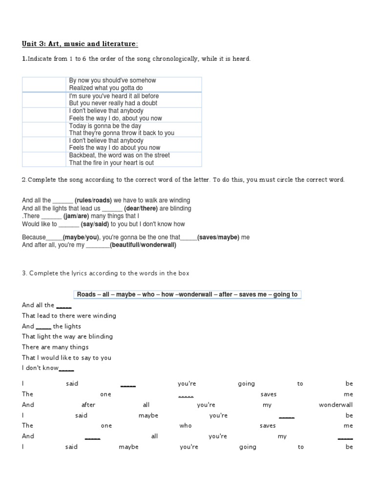 Song Lyrics Completion Exercise | PDF