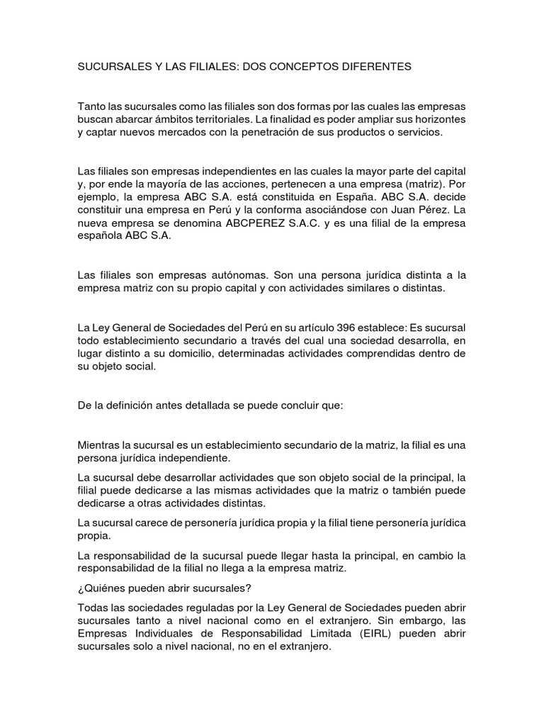 Diferencias entre Sucursales y Filiales | PDF | Subsidiario | Sociedad ...