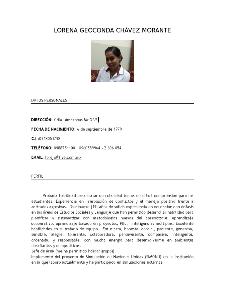 Curriculum Vitae Lorena Chávez | PDF | Educación primaria | Maestros