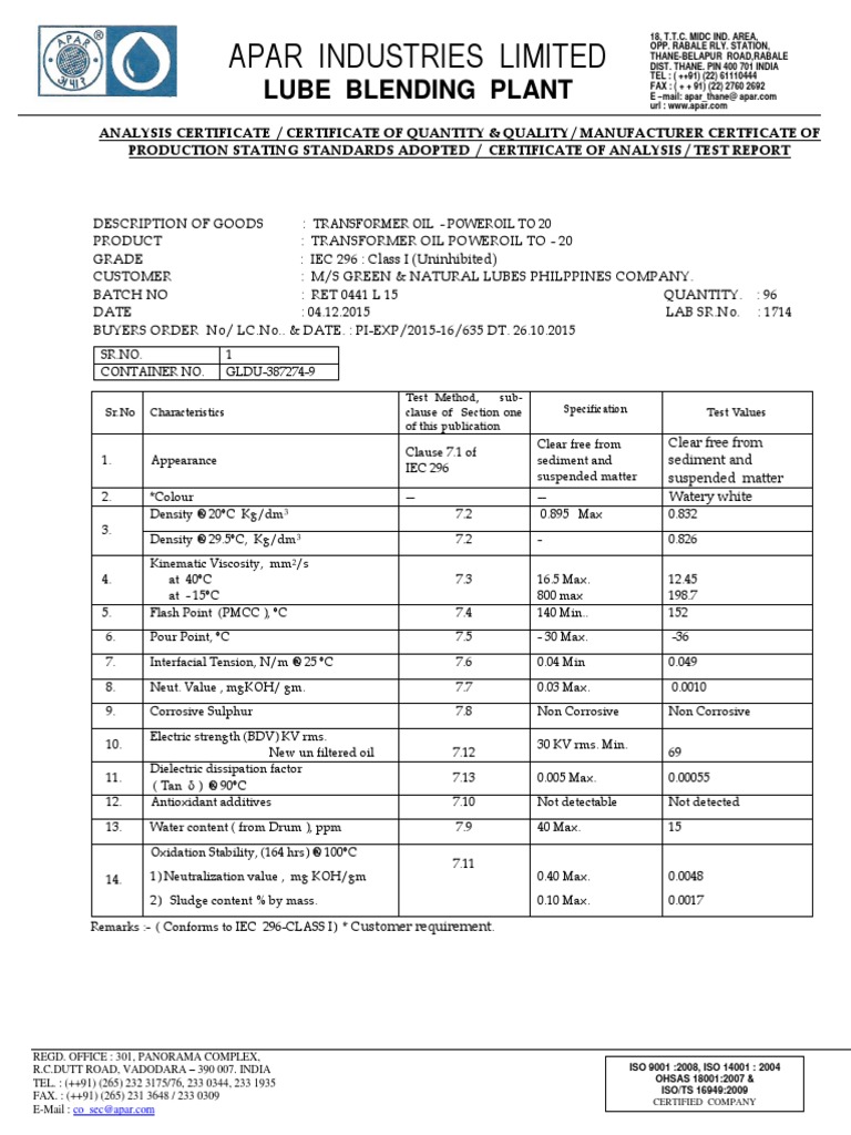 cOA TRANSFORMER OIL | PDF | Chemistry | Materials