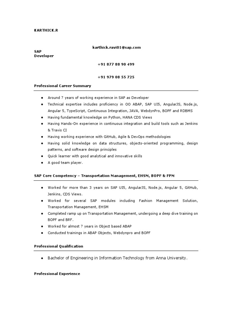 Resume Karthick Ravi | PDF | Angular Js | Sap Se