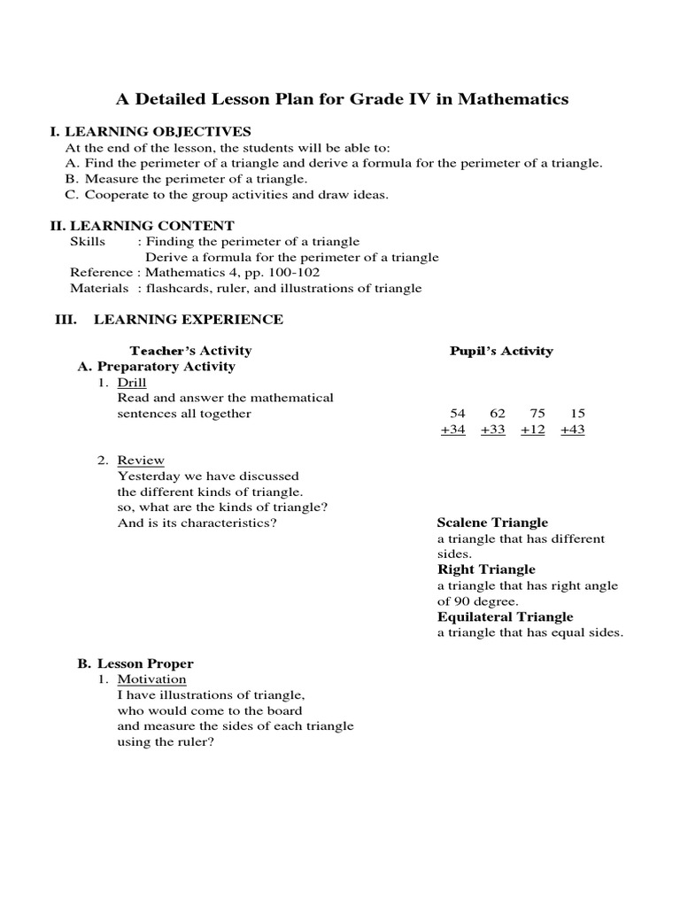 A Detailed Lesson Plan For Grade IV in Mathematics | PDF | Triangle ...