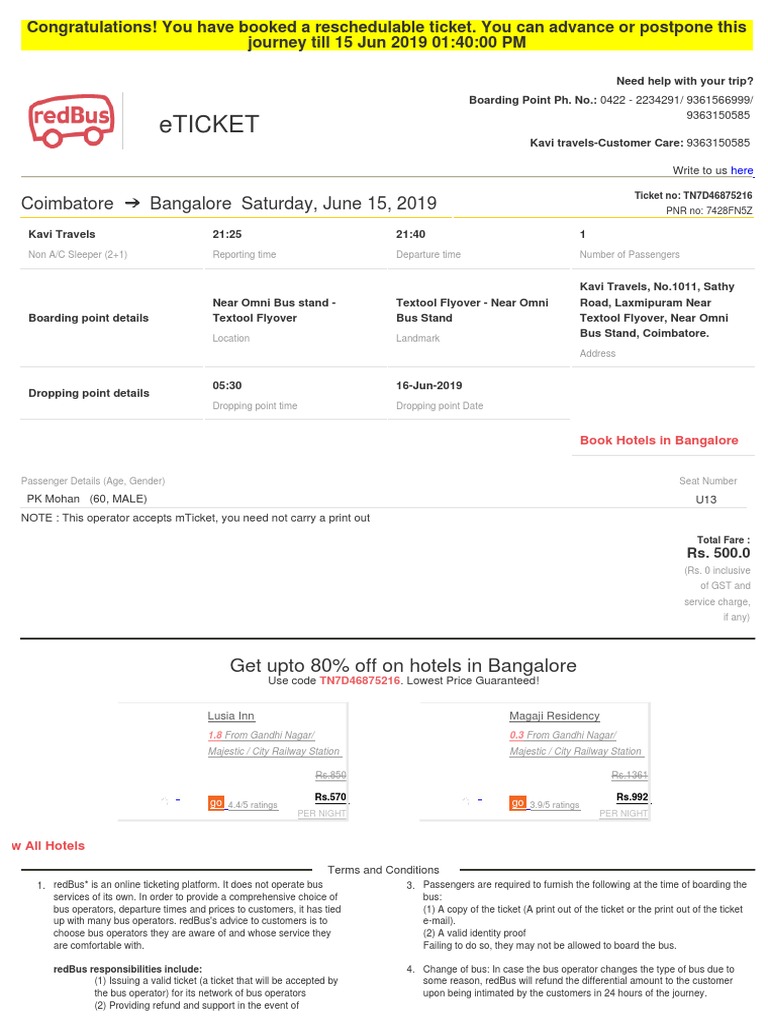 RedBus Ticket TN7D46875216 | PDF | Ticket (Admission) | Baggage