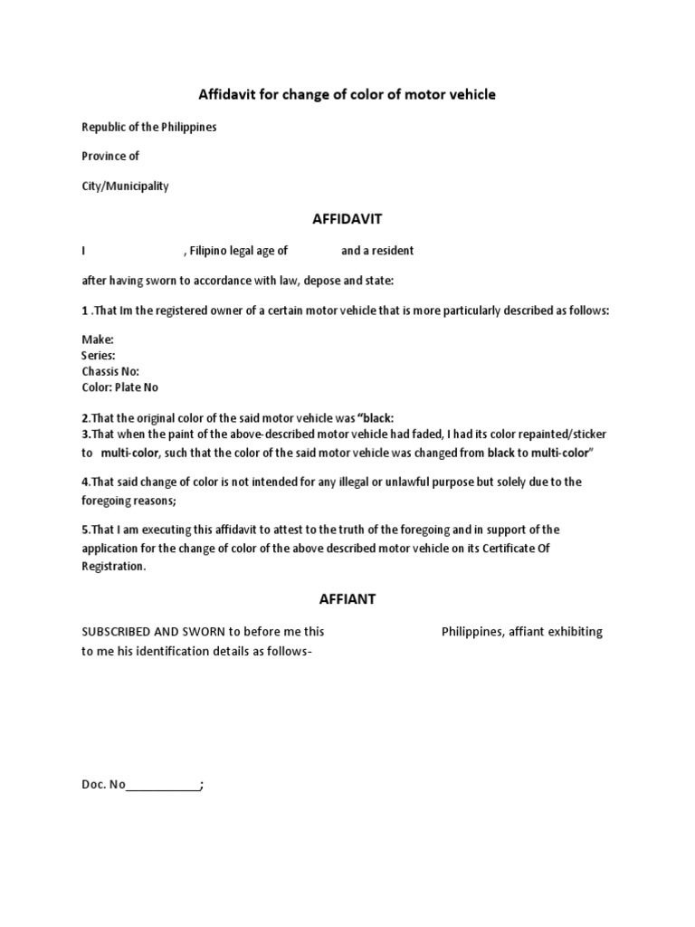 Affidavit For Change of Color of Motor Vehicle | PDF
