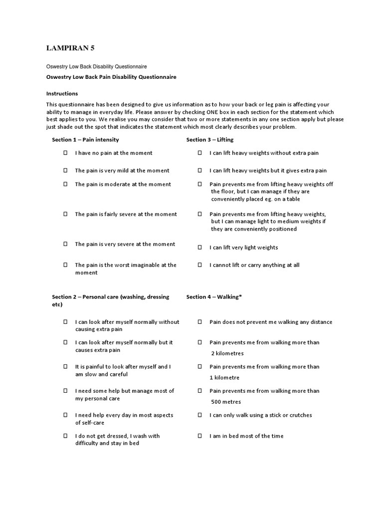 Lampiran 5: Oswestry Low Back Pain Disability Questionnaire ...