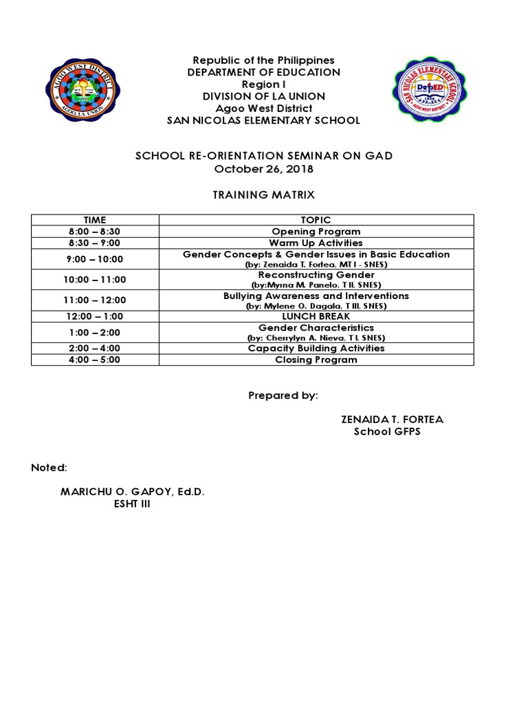 School Re-Orientation Seminar On Gad October 26, 2018 Training Matrix | PDF