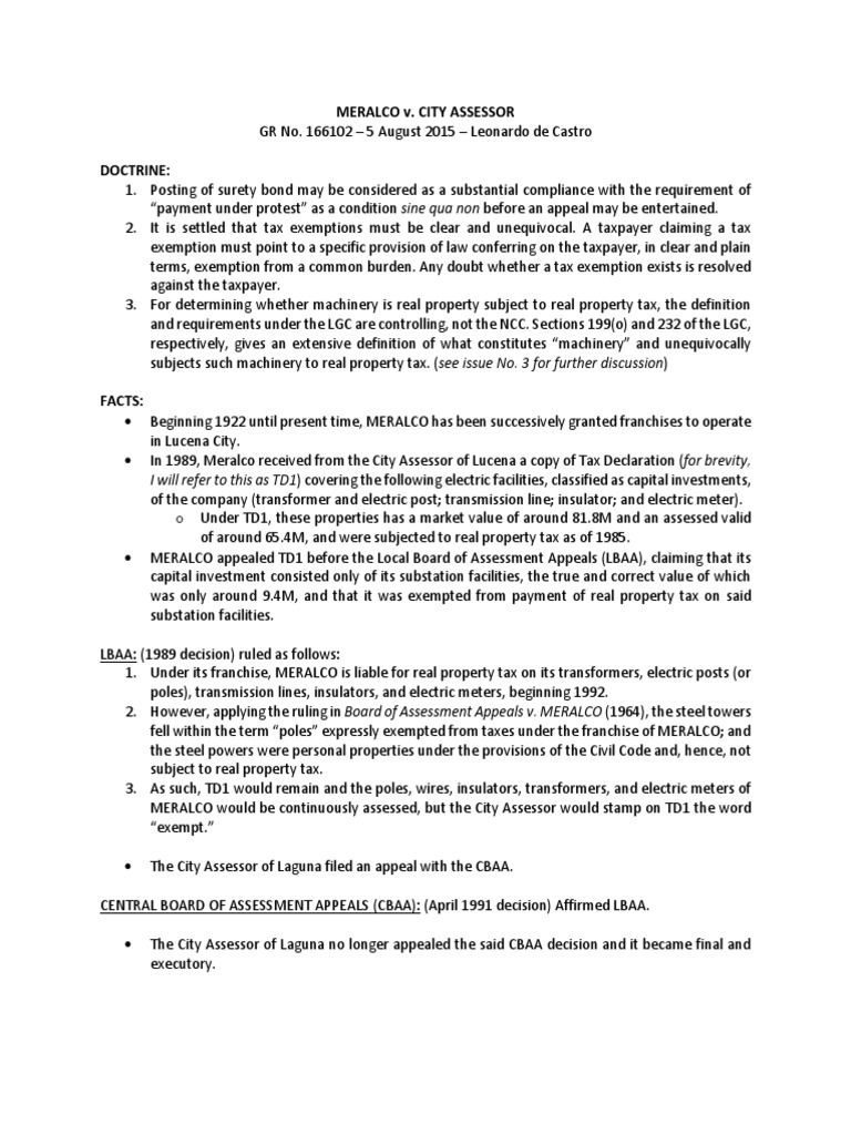 MERALCO v. City Assessor (Digest) | PDF | Property | Tax Exemption