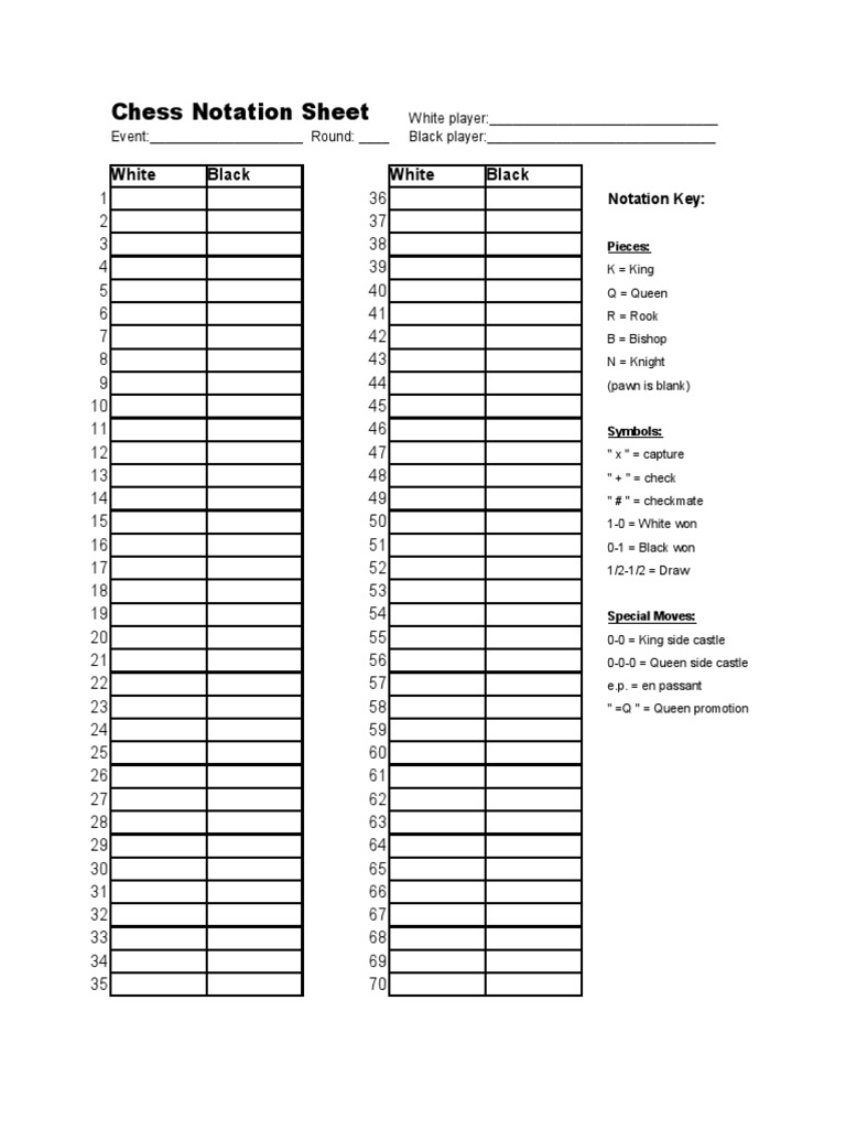 Chess Notation Sheet | PDF | Game Rules | Competitive Games