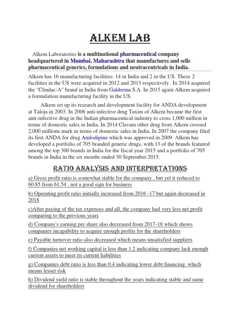 Alkem Lab: Ratio Analysis and Interpretations | PDF | Dividend | Stocks