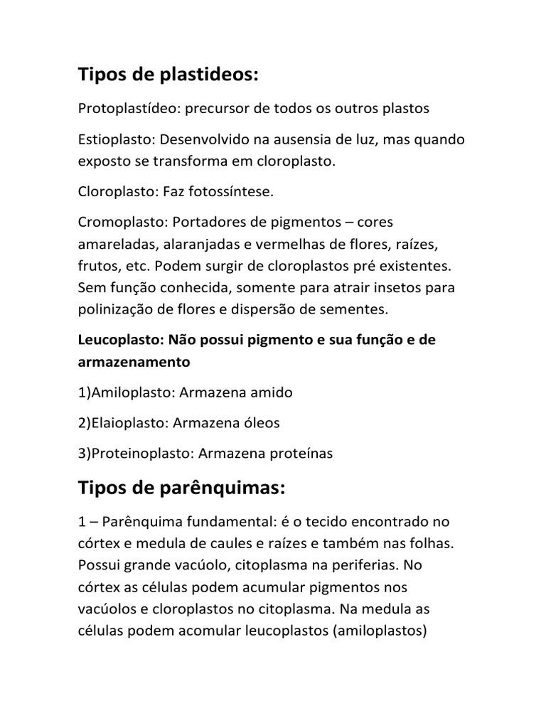 Tipos de Plastideos, Parênquimas, Sistemas Radiculares e Arquitetura ...