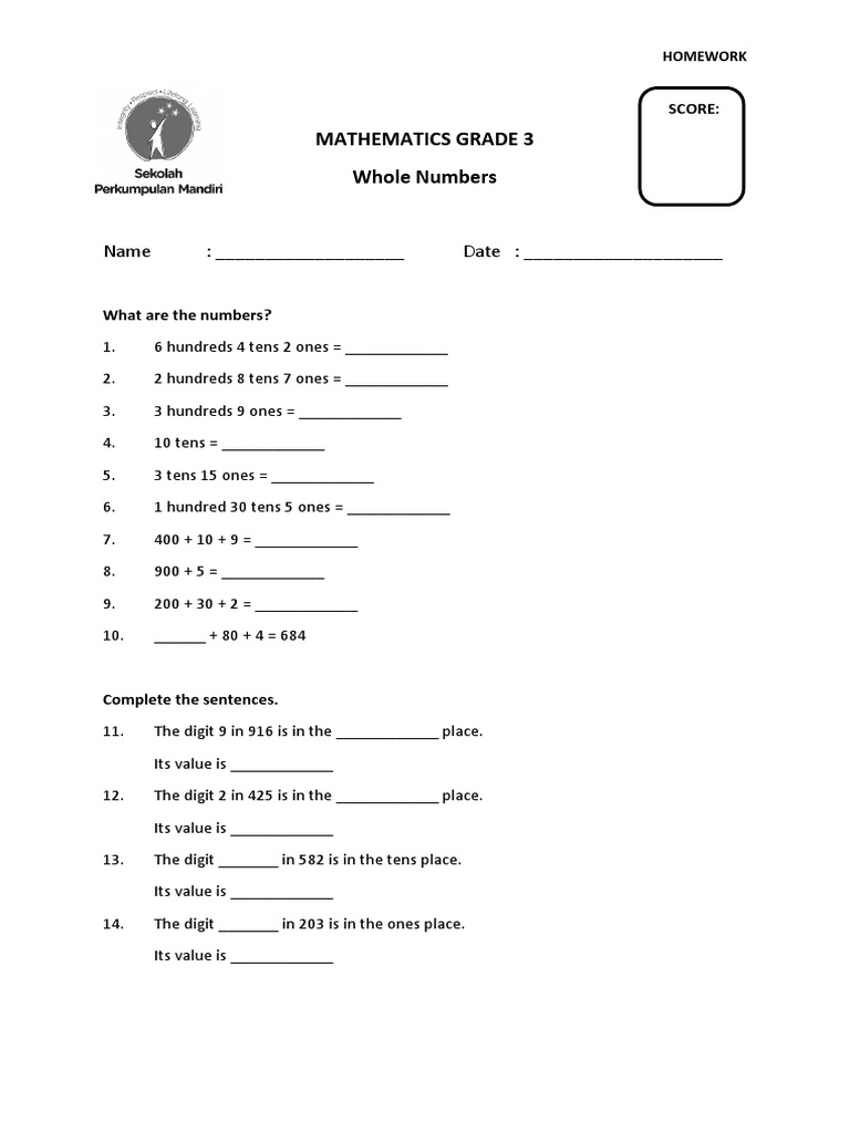 Name: - Date: - : Mathematics Grade 3 Whole Numbers | PDF