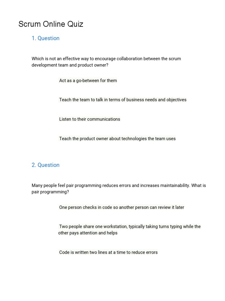 Scrum Online Quiz | PDF | Scrum (Software Development) | Product ...