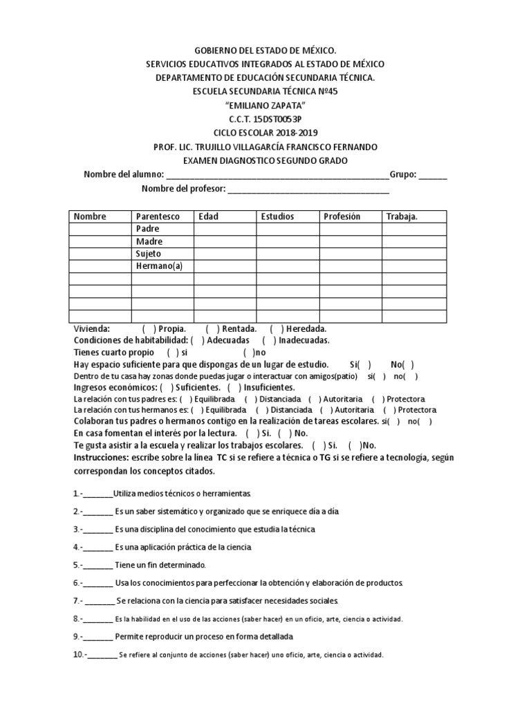 Examen Diagnostico Segundo Grado | PDF | Herramientas | Educación Secundaria