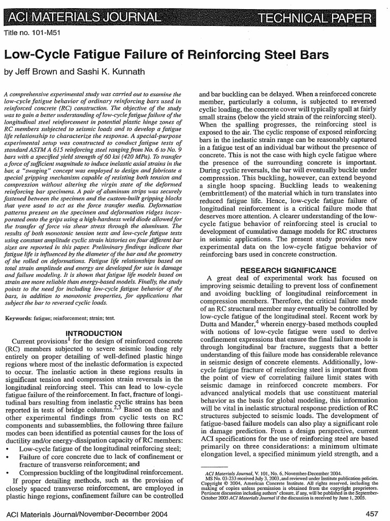 Low Cycle Fatigue Failure of Reinforcing Steel Bars | PDF