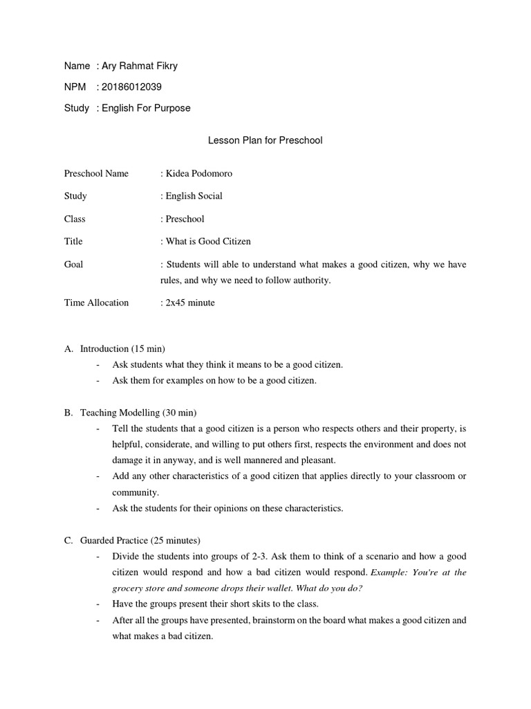 Lesson Plan Preschool | PDF | Lesson Plan | Teaching