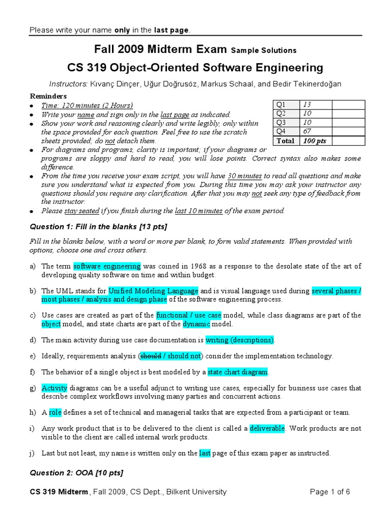 Fall 2009 Midterm Exam CS 319 Object-Oriented Software Engineering | Download Free PDF | Use ...