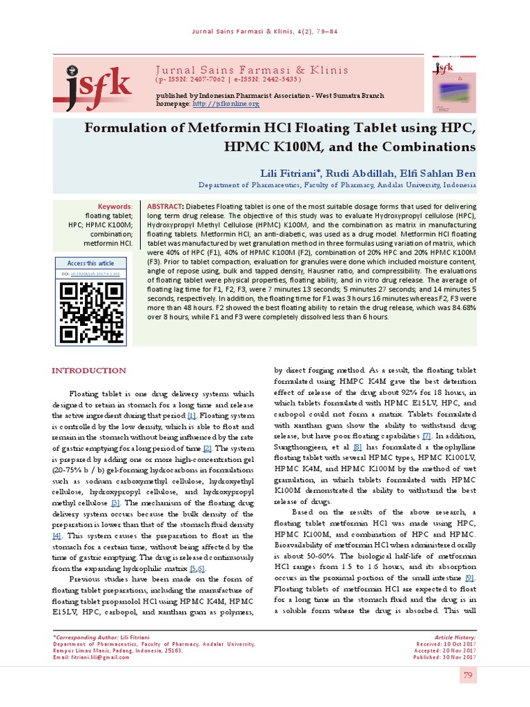 Formulation Of Metformin Hcl Floating Tablet Using Hpc Hpmc K100m And The Combinations Pdf
