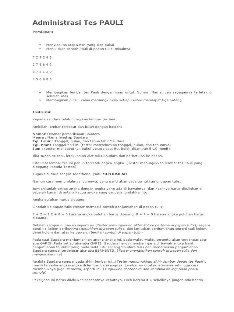 Administrasi Tes PAULI | PDF | Metode & Bahan Ajar