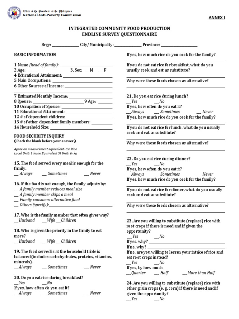 Annex I Integrated Community Food Production Endline Survey ...