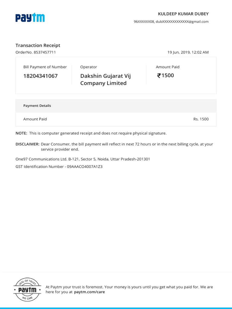 Dakshin Gujarat Vij Company Limited 1500: Transaction Receipt | PDF