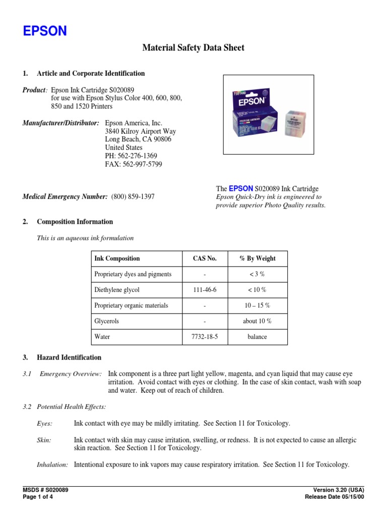 Epson: Material Safety Data Sheet | PDF | Ink | Firefighting